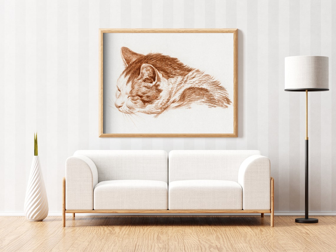 Vintage Cat Drawing, Printable Sleeping Cat Art, Digital Cat Sketch ...