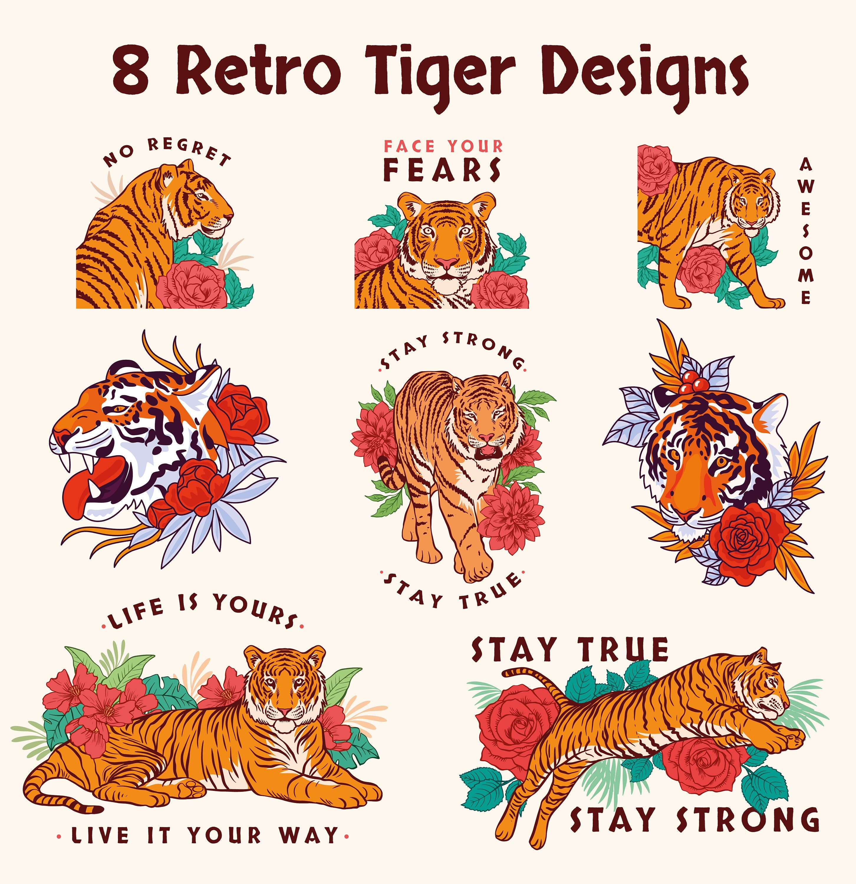 Vintage Tiger Set PNG, Retro Tiger PNG, Retro Tiger Bold and Brave ...