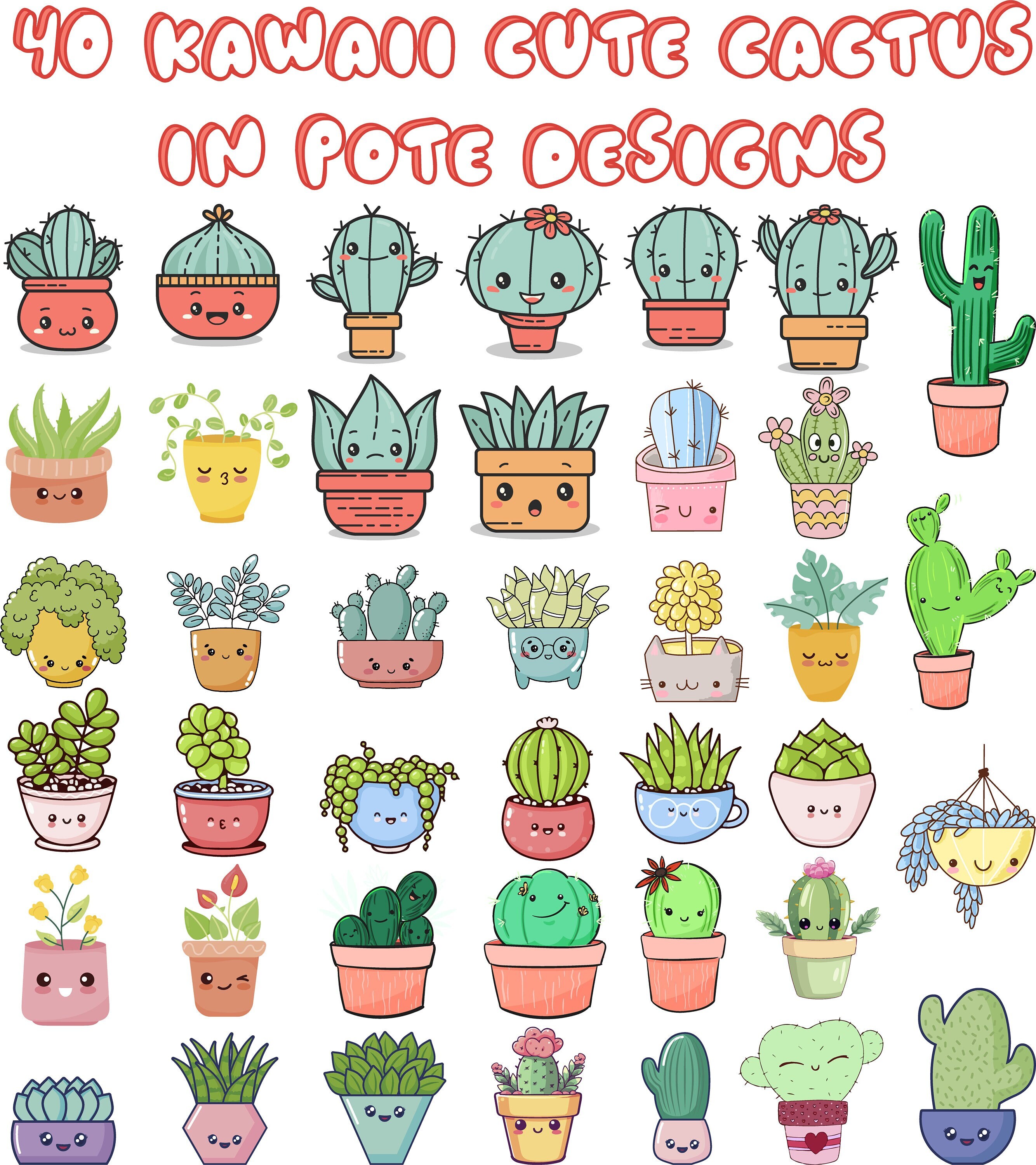 Cute Kawaii Plant Cactus Sukulent PNG Bundle, Plant in Pot Png, Happy ...