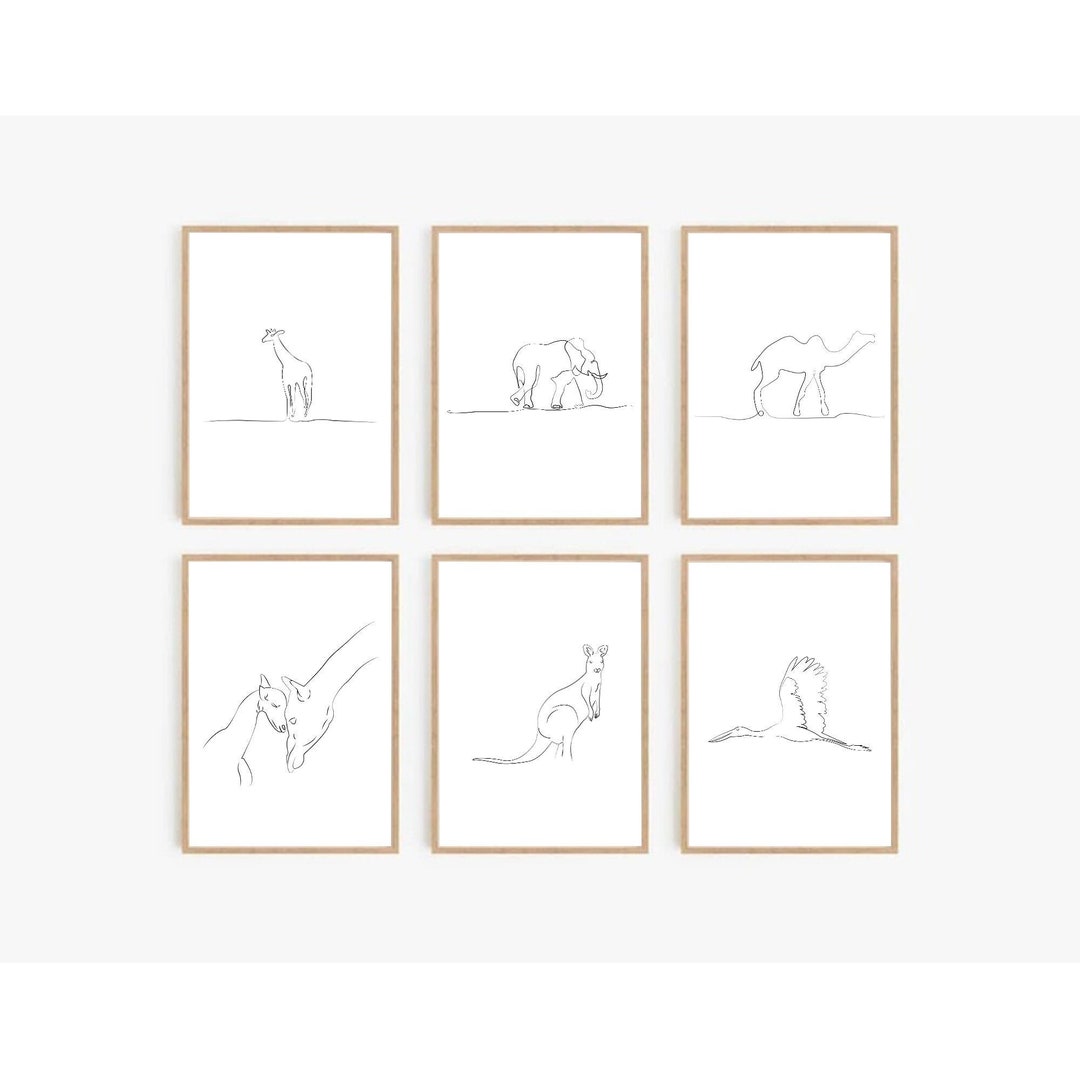 Safari Nursery Prints, Set of 6 Prints, Animal Print Line Drawing ...