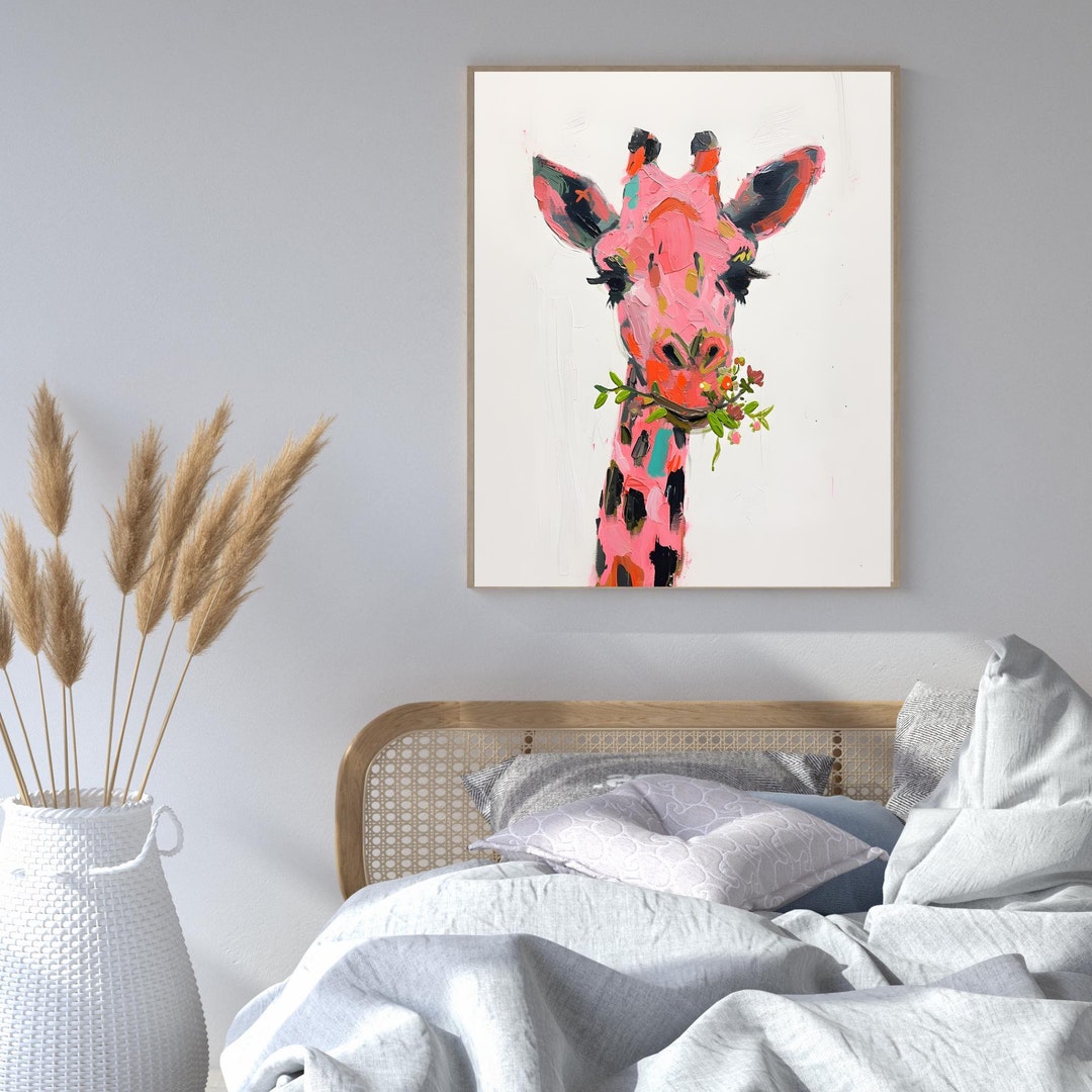Printable Wall Art, Pink Cute Giraffe Whimsical Maximalist Art ...