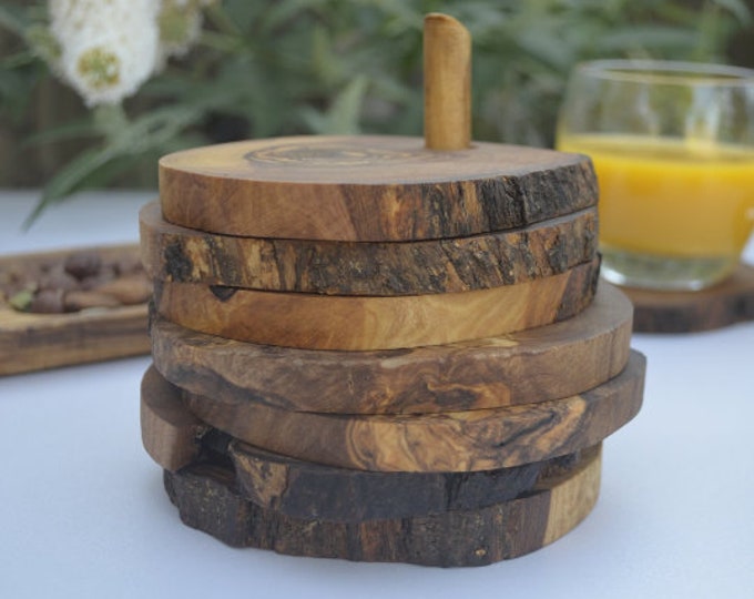 OLIVE Wood RUSTIC COASTERS Set of 6 Hand Carved by Artisans Tableware ...