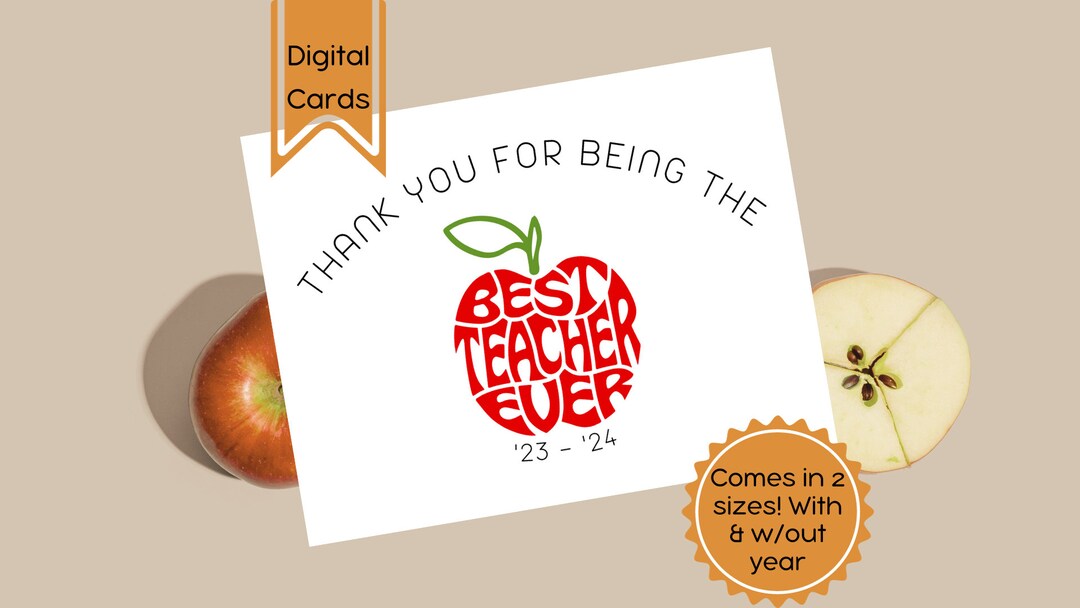 Teacher Apple Printable Blank Thank You Card PDF With and Without Year ...