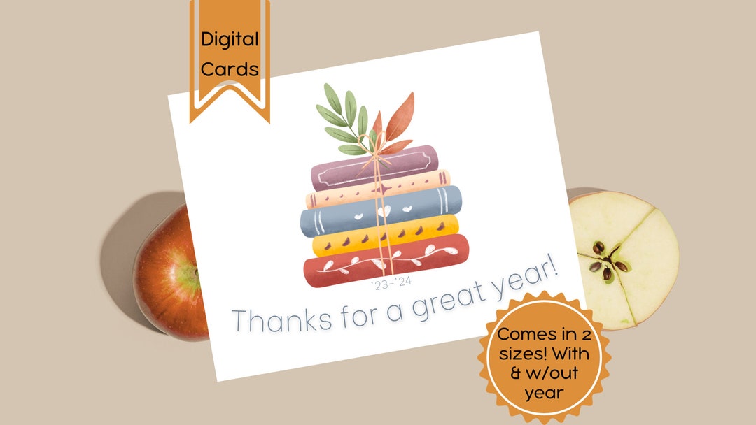 Teacher Books Printable Thank You Card PDF Without and With Year End of ...