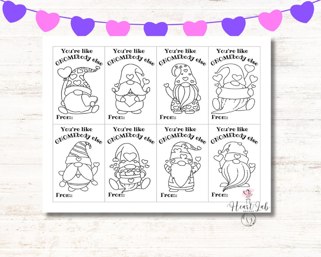 Printable Gnome Classroom Valentine Cards for Kids Ready-to-color ...