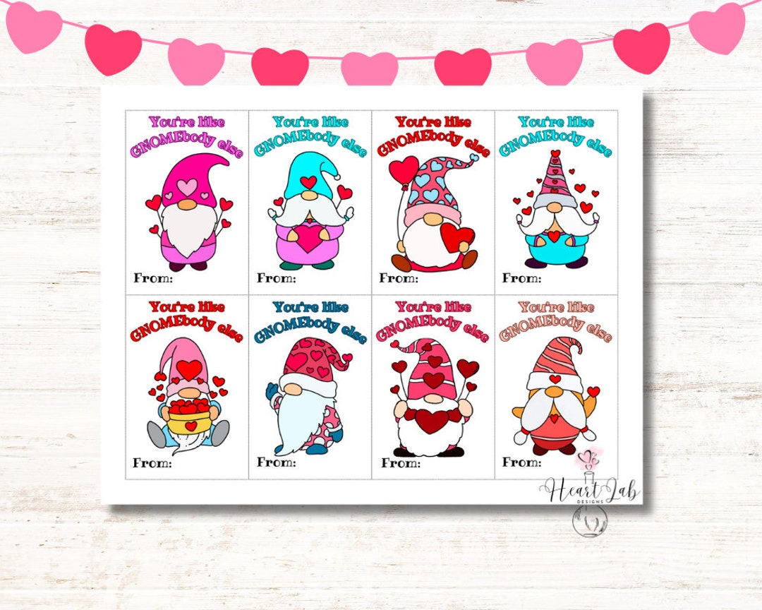 Printable Gnome Classroom Valentine Cards for Kids | Full Color ...