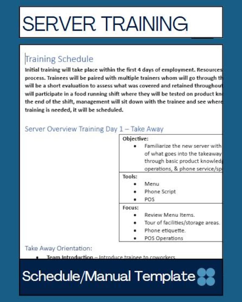 Restaurant Server/ FOH Training Manual Schedule & Outline Template - Etsy