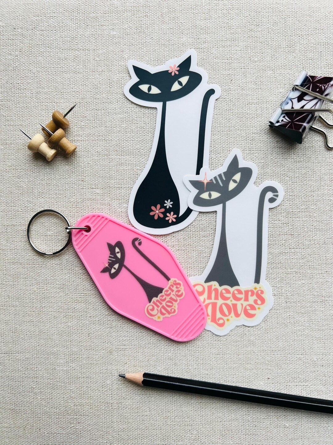 Retro Atomic Cat Gift Set | Motel Keychain + Vinyl Stickers ...