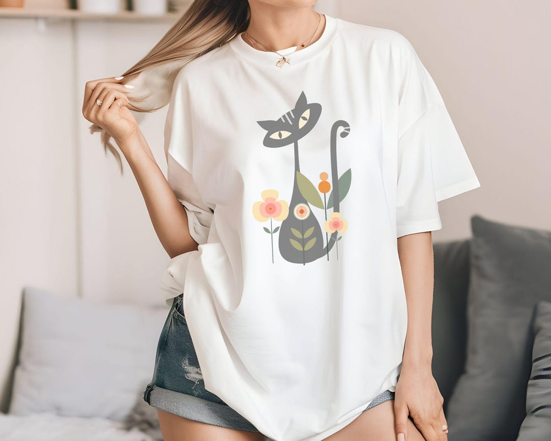 Atomic Cat Tshirt, Grey Tabby Cats Shirt, Mid Century Vintage Retro ...