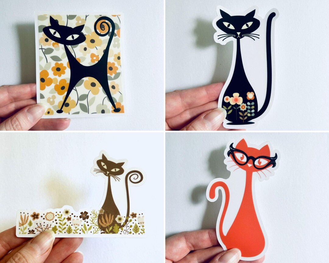 Atomic Cat Sticker Bundle, Set of Four Stickers, Retro Cats Decal Group ...