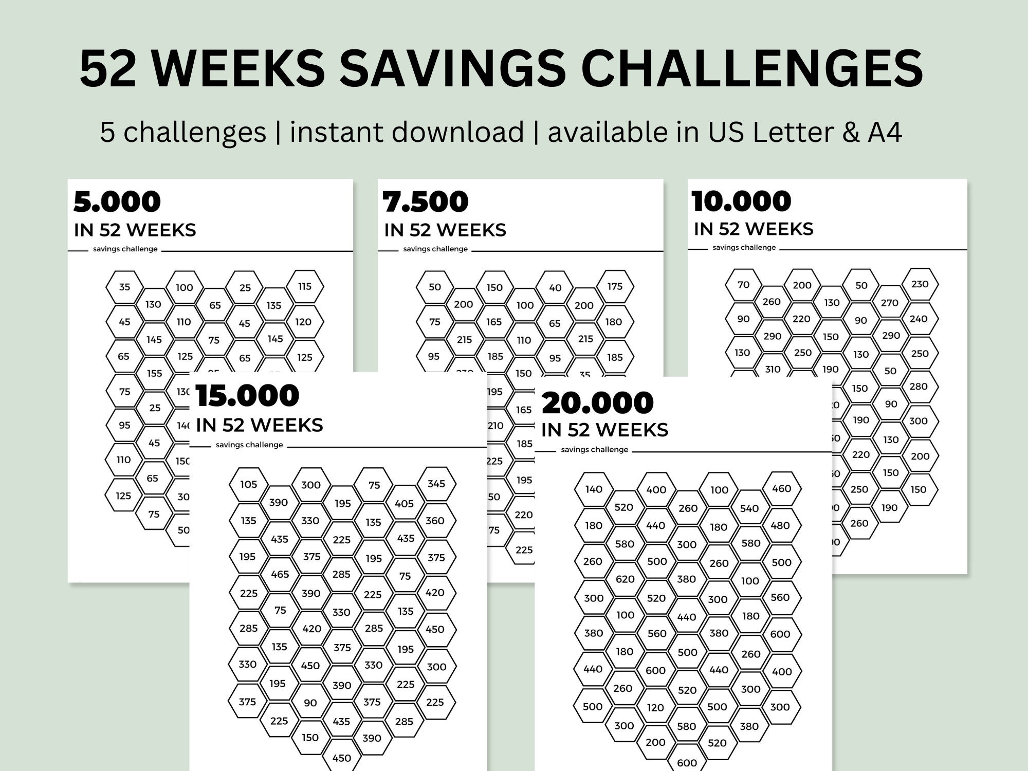 52 Week Savings Challenge | Save 5K, 7.5K, 10K, 15K or 20K in 52 Weeks ...