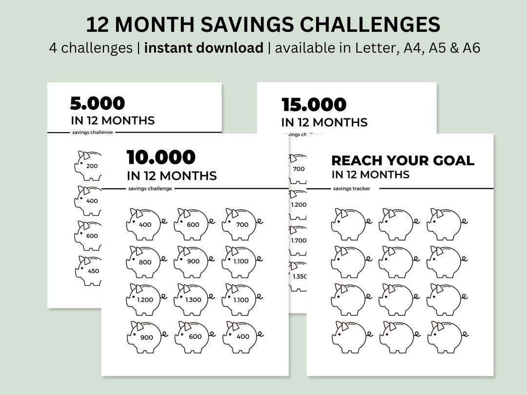 12 Month Savings Challenges | 5K, 10K, 15K Savings Challenge Printable ...