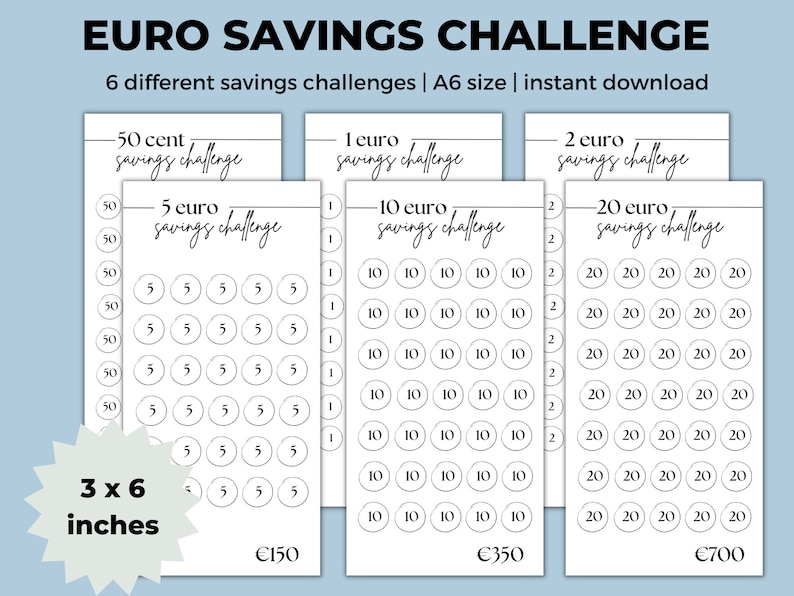 Euro Savings Challenge Geld Sparen Challenge 50 cent, 1 euro, 2, 5, 10 ...