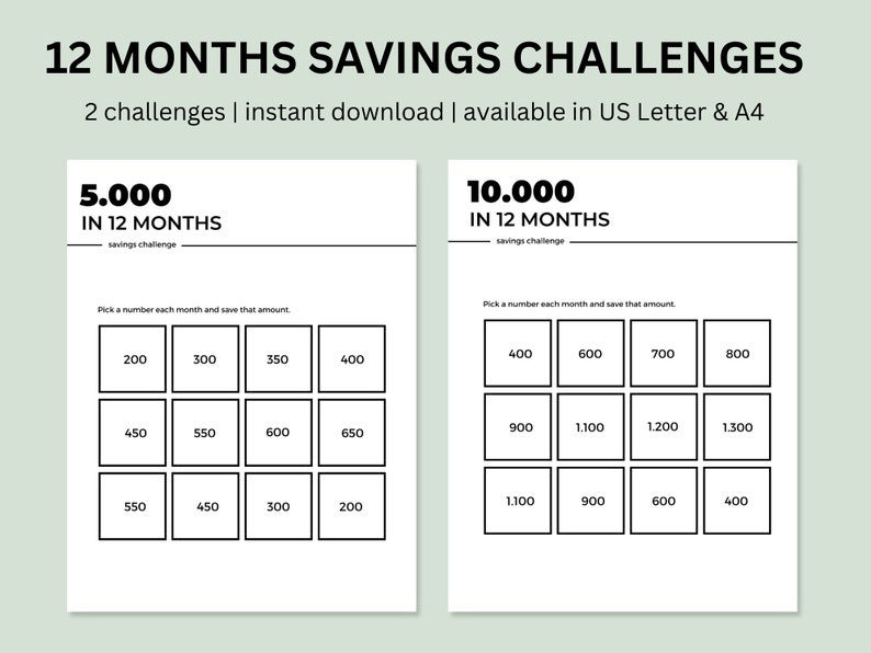 12 Month Savings Challenges | 5 and 10K Savings Challenge Printable to ...
