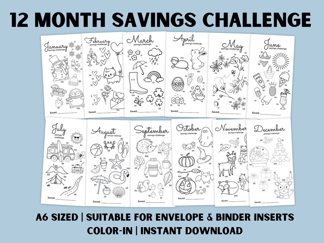 12 Month Savings Challenge Printable | Color & Save | Color-in Savings ...
