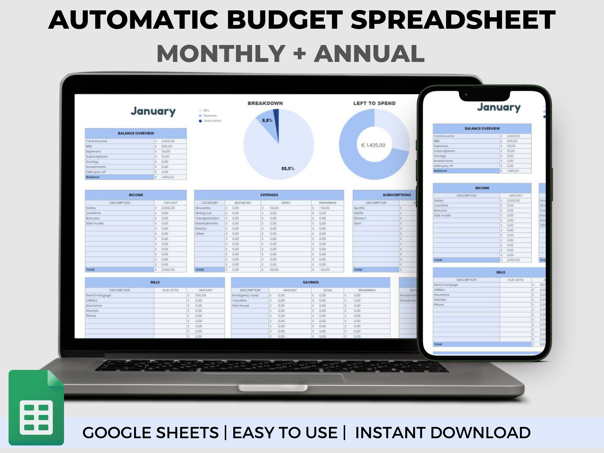 Budget Spreadsheet - Monthly Budget + Annual Budget - Google Sheets ...
