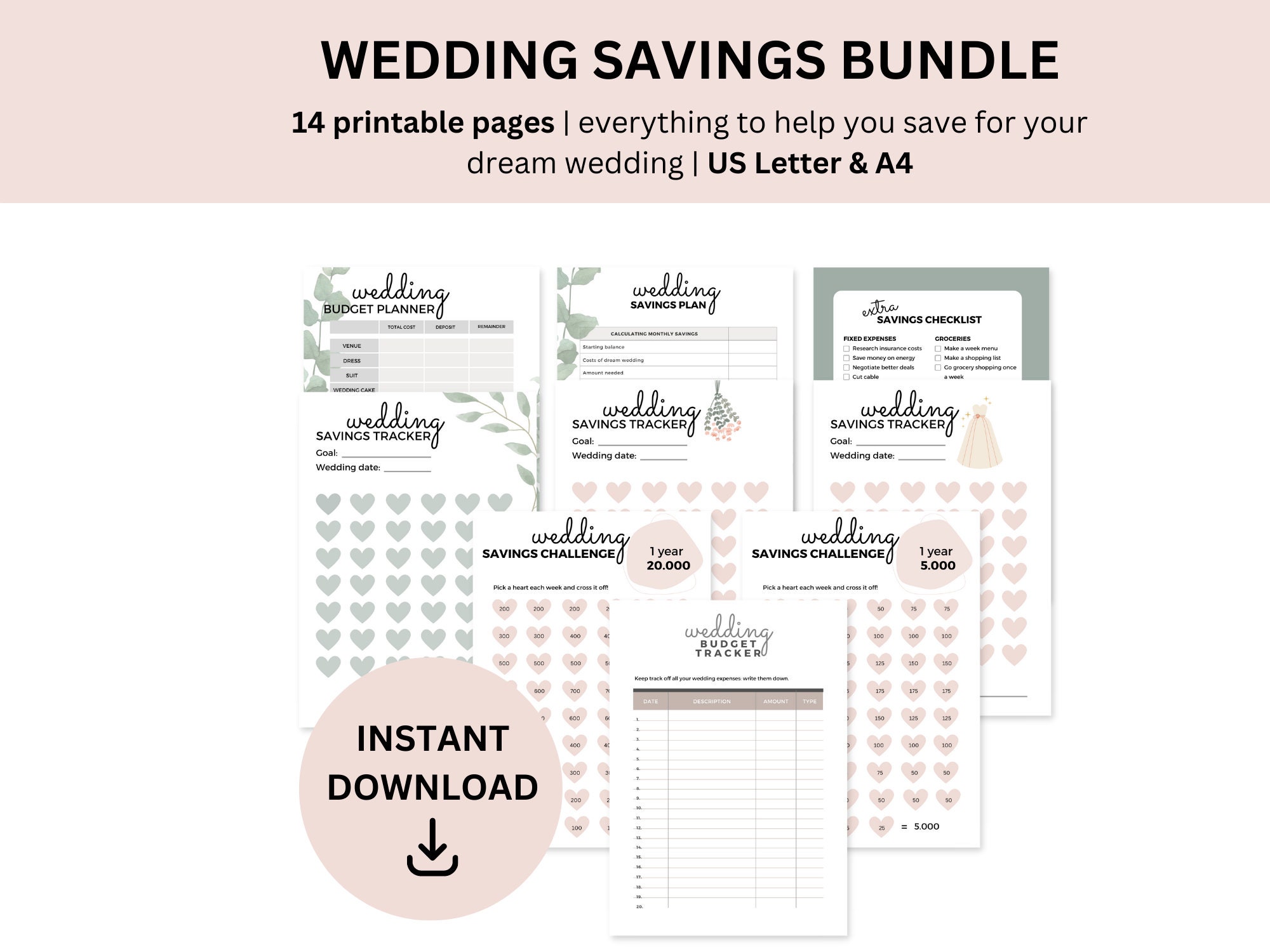 Wedding Savings Challenge Printable, Wedding Savings Tracker Bundle ...