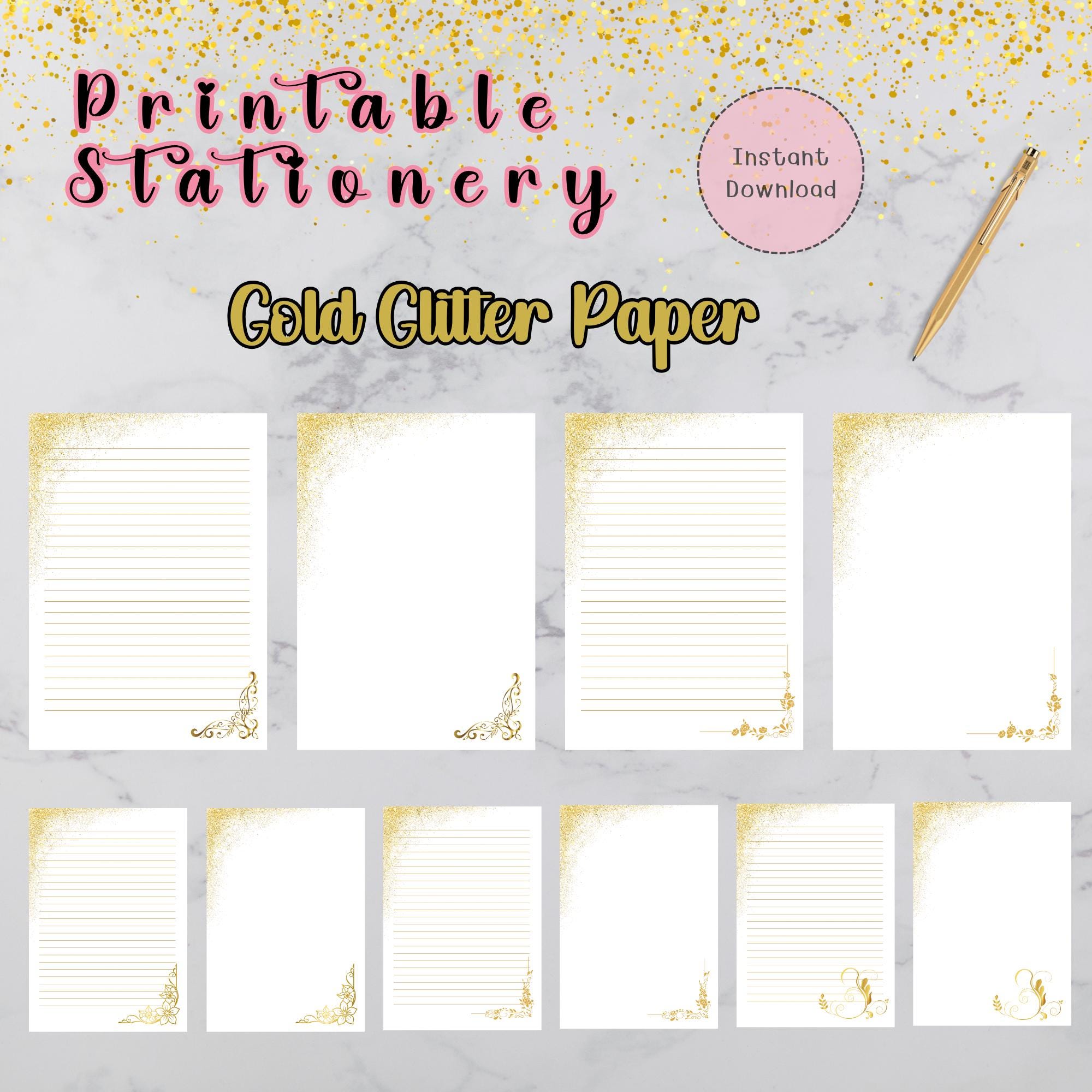 Printable Gold Glitter Stationery Paper, Floral Writing Paper (digital ...