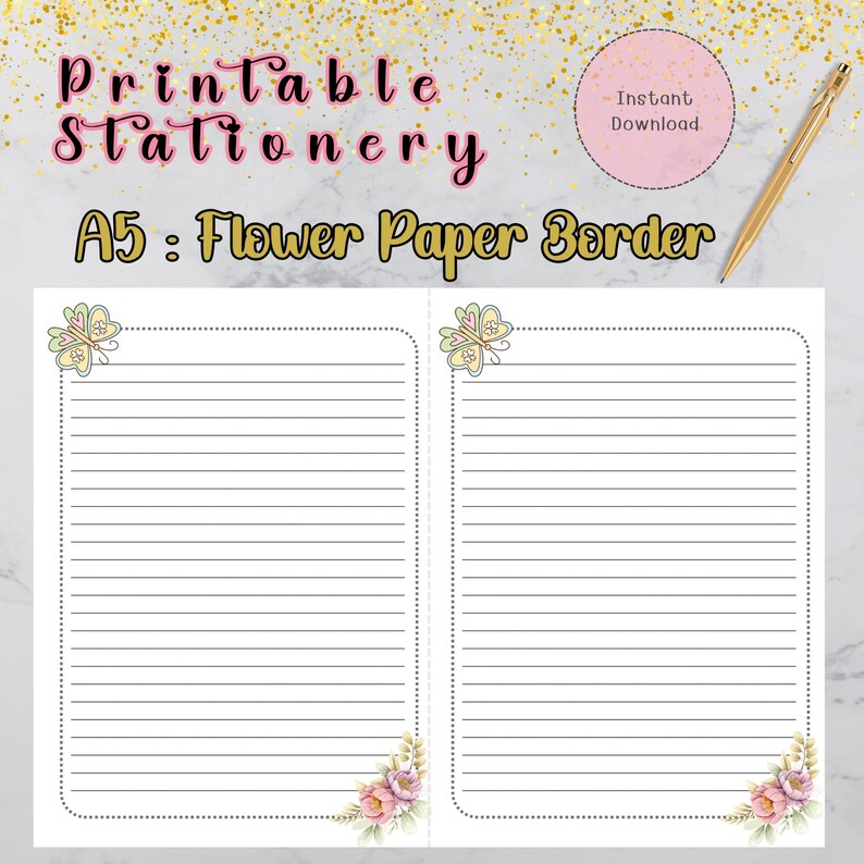 Printable Stationery Paper, Flower Border Flower Writing Paper, Digital ...