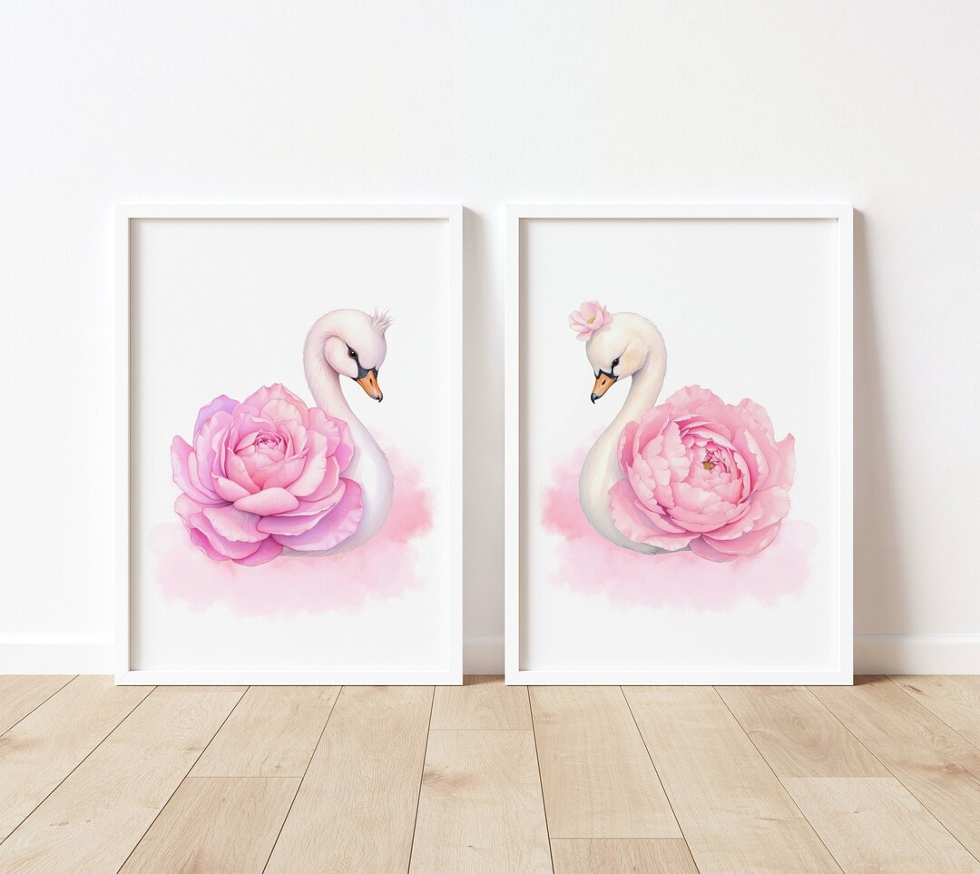 Swan Nursery Wall Art, Swan Princess Girl Nursery Decor, Set of 2 Pink ...