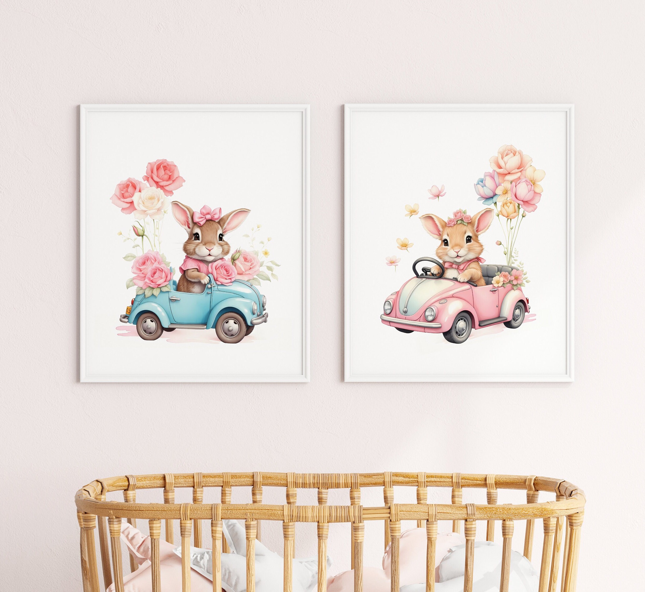 Bunny Cars Prints, Set of 2 Baby Bunny Nursery Wall Art, Transport ...