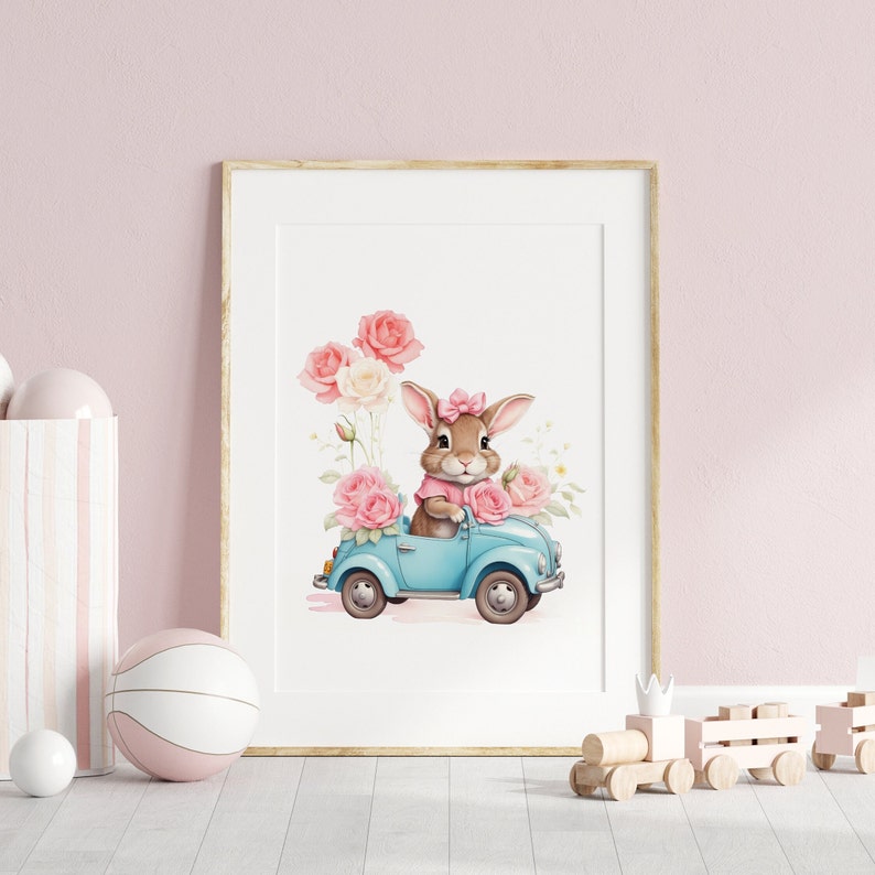 Bunny Cars Prints, Set of 2 Baby Bunny Nursery Wall Art, Transport ...