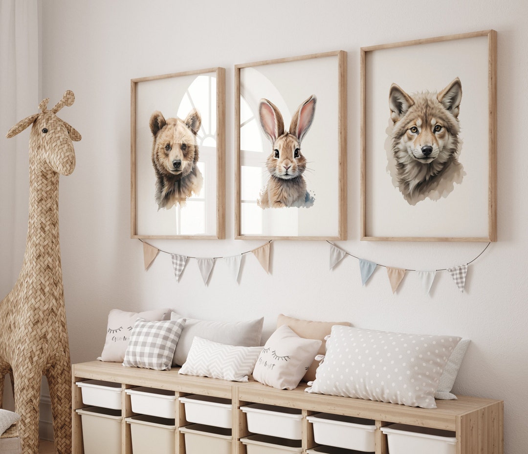 Woodland Animal Portrait Prints, Bear, Rabbit and Wolf Print, Forest ...