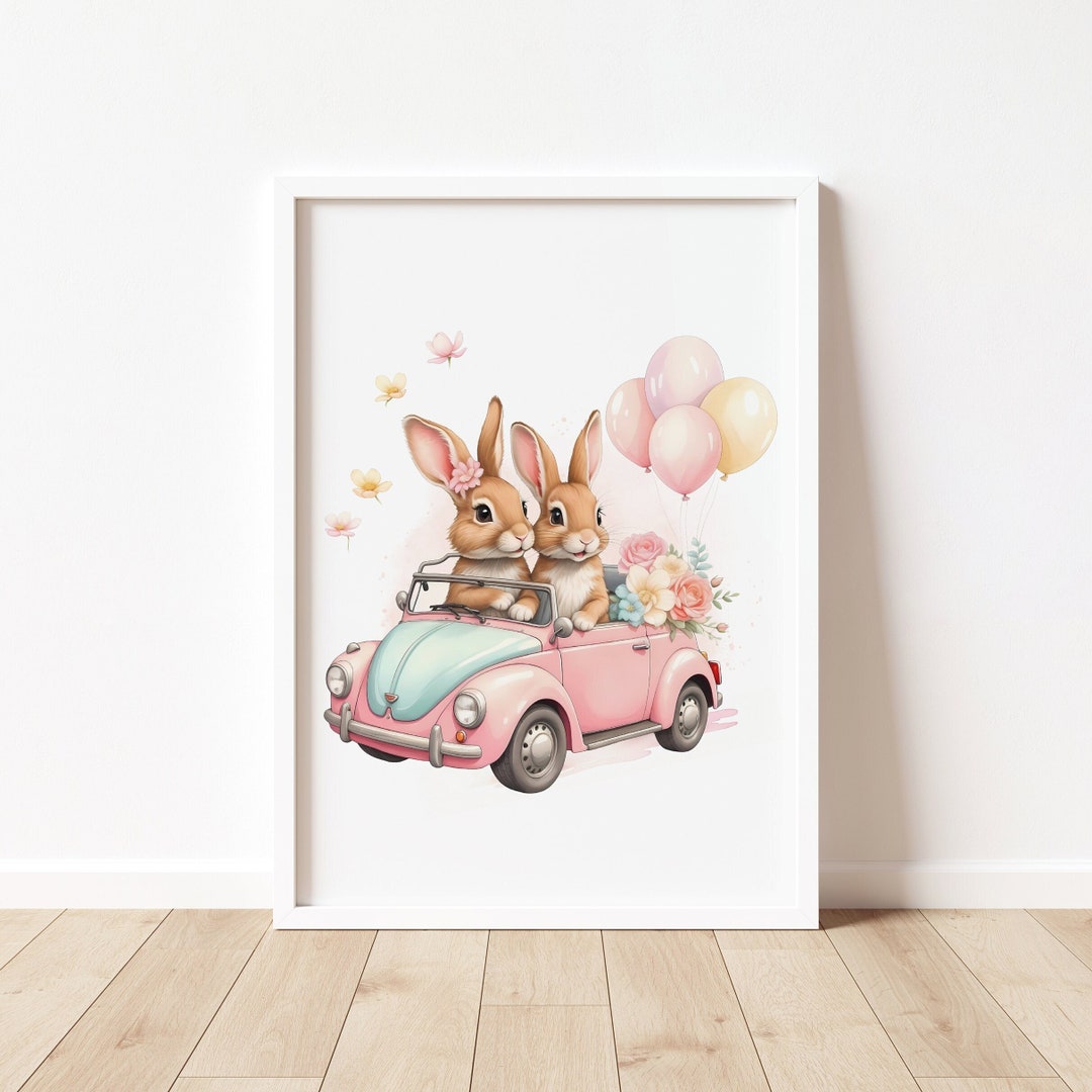Bunny Car Nursery Print, Baby Bunny Nursery Wall Art, Transport Nursery ...
