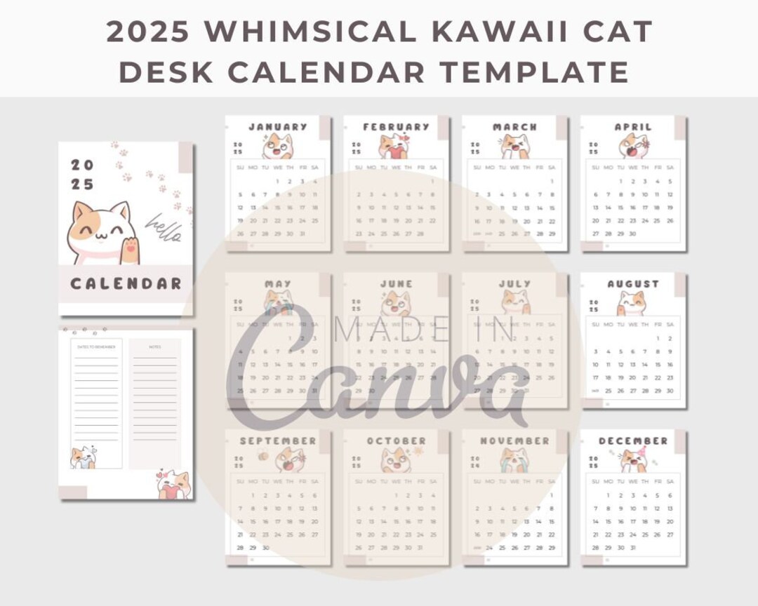 2025 Whimsical Kawaii Cat Desk Calendar Template, Printable Calendar ...