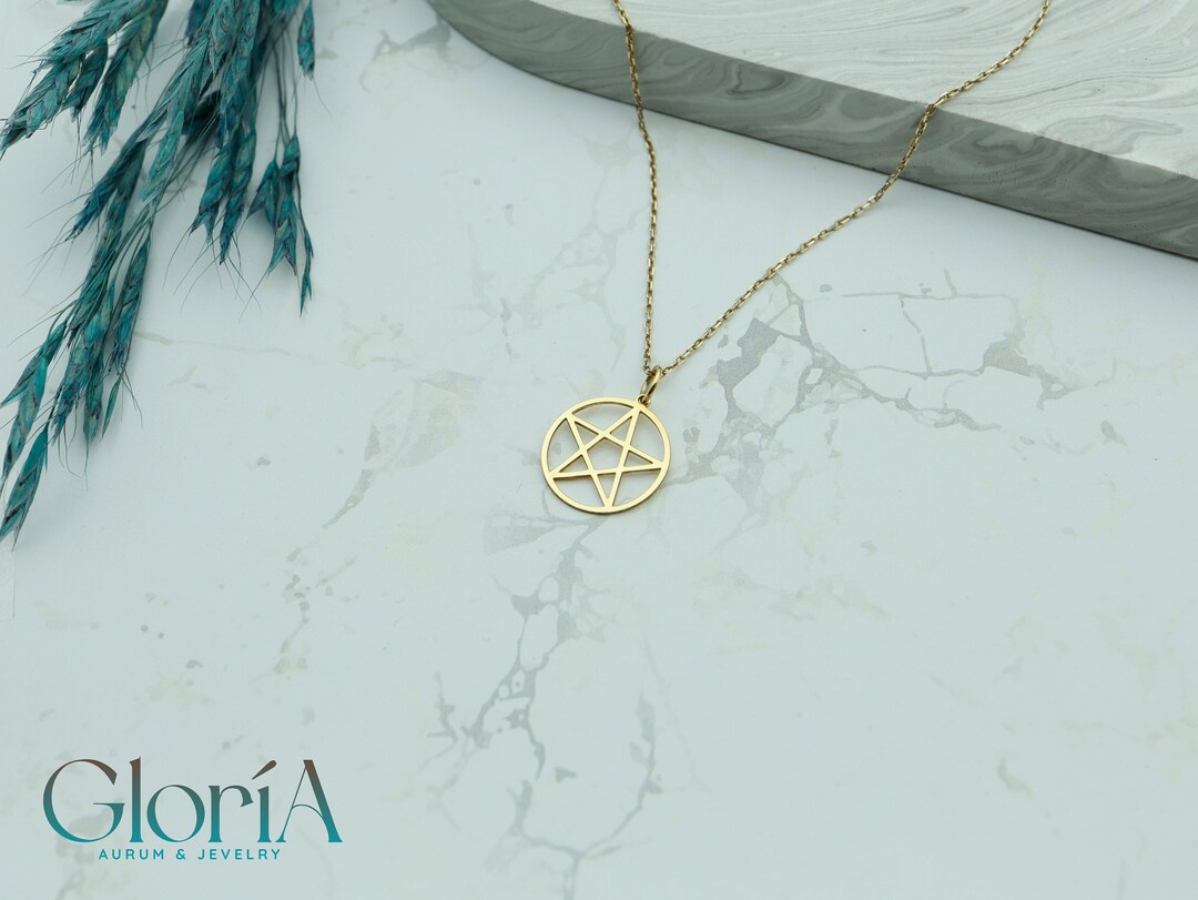 14K Solid Gold Pentagram Necklace, Pentacle Charm, Pentagram Jewelry ...