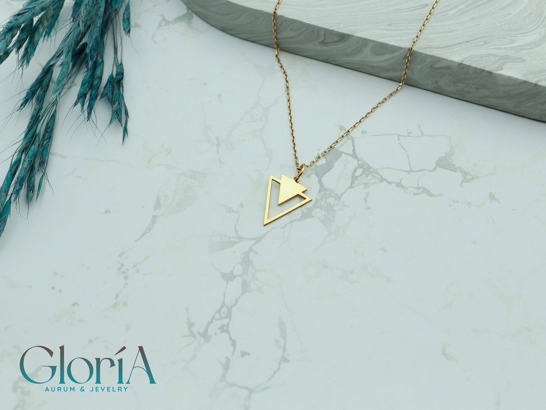 14K Solid Gold Triangle Necklace, Geometric Real Gold Necklace,double ...