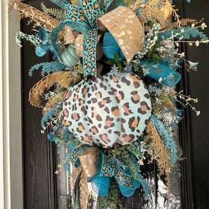 Large Blue Leopard Print Fall Swag, Blue Pumpkin Fall Wreath for Front ...