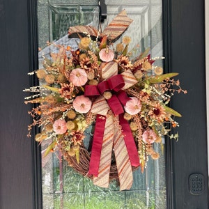 Pink Fall Wreath for Front Door, Pink Velvet Pumpkin Wreath, Neutral ...