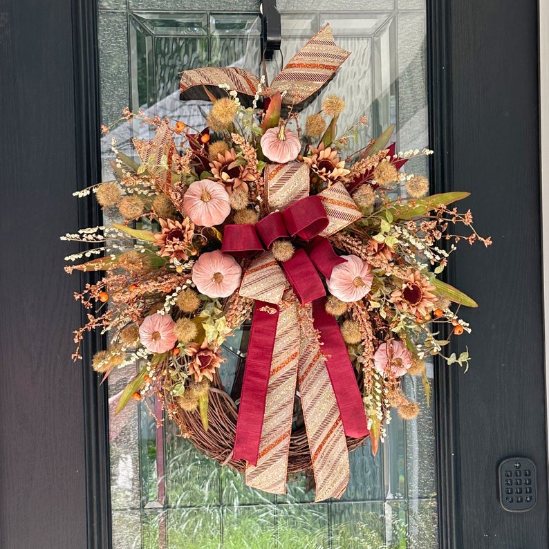 Pink Fall Wreath for Front Door, Pink Velvet Pumpkin Wreath, Neutral ...