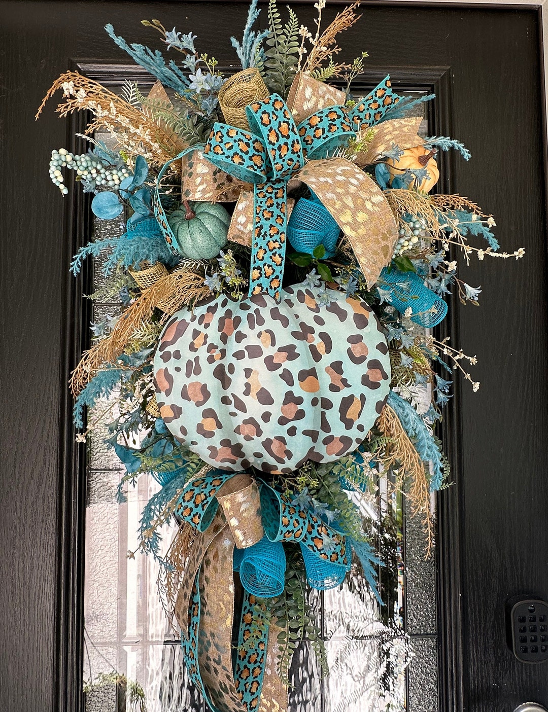 Large Blue Leopard Print Fall Swag, Blue Pumpkin Fall Wreath for Front ...