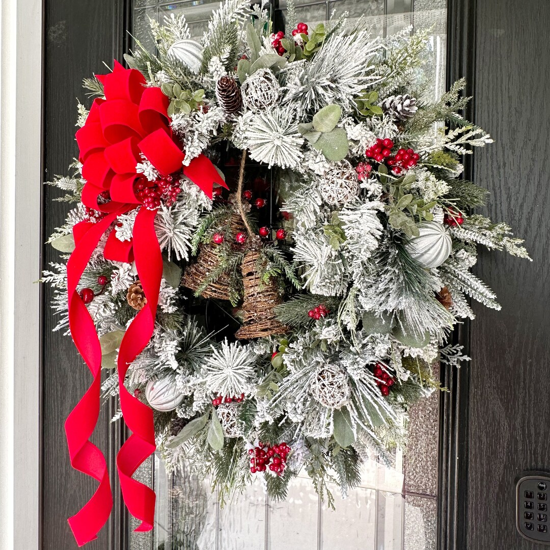 Rustic Bells Wreath for Front Door, Elegant Christmas Wreath W/ Iced ...