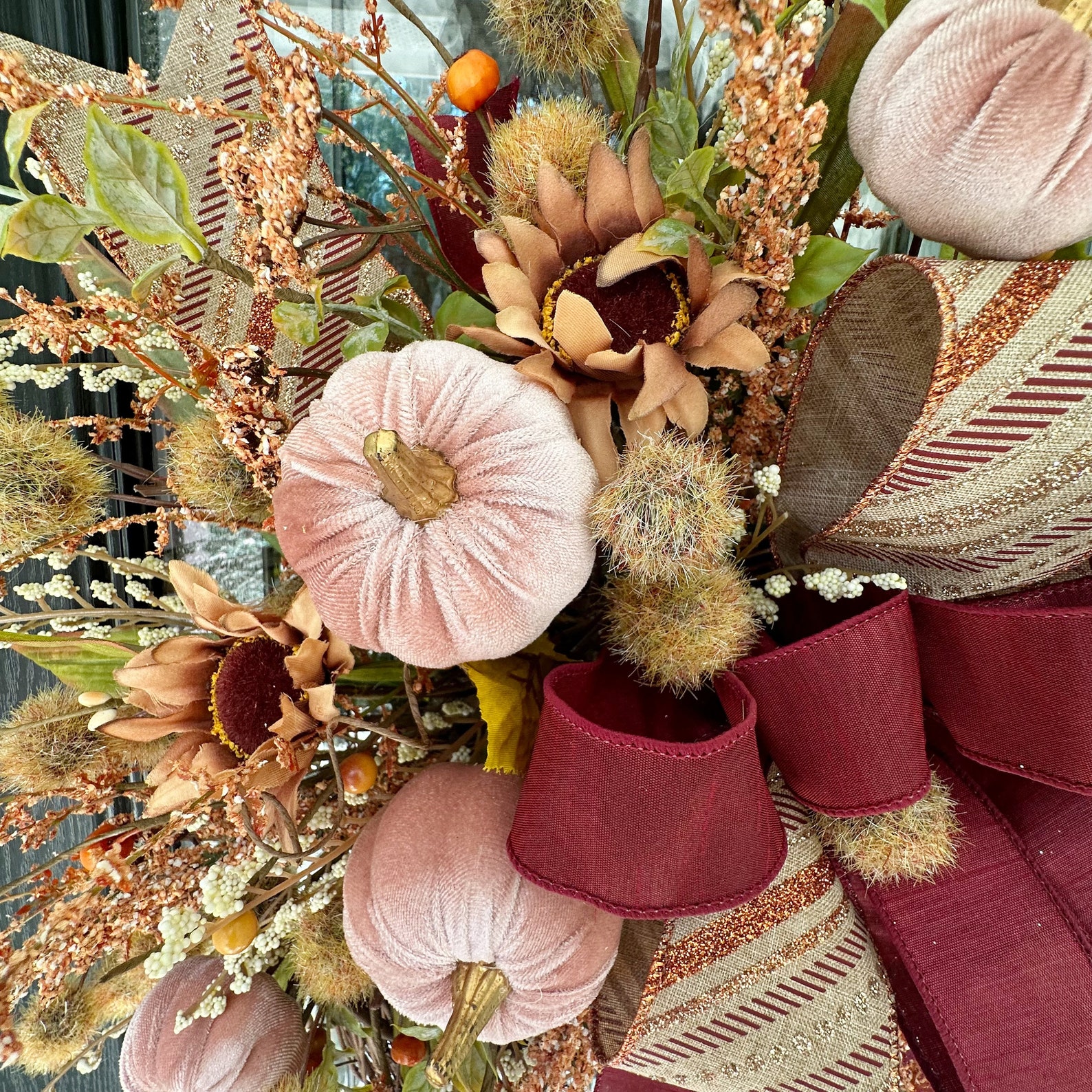 Pink Fall Wreath for Front Door, Pink Velvet Pumpkin Wreath, Neutral ...
