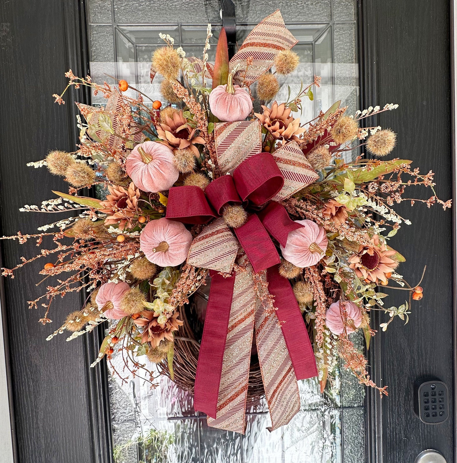 Pink Fall Wreath for Front Door, Pink Velvet Pumpkin Wreath, Neutral ...