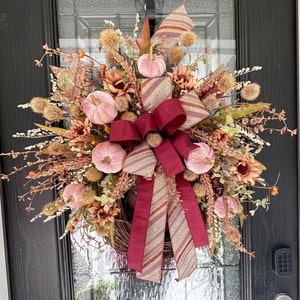 Pink Fall Wreath for Front Door, Pink Velvet Pumpkin Wreath, Neutral ...