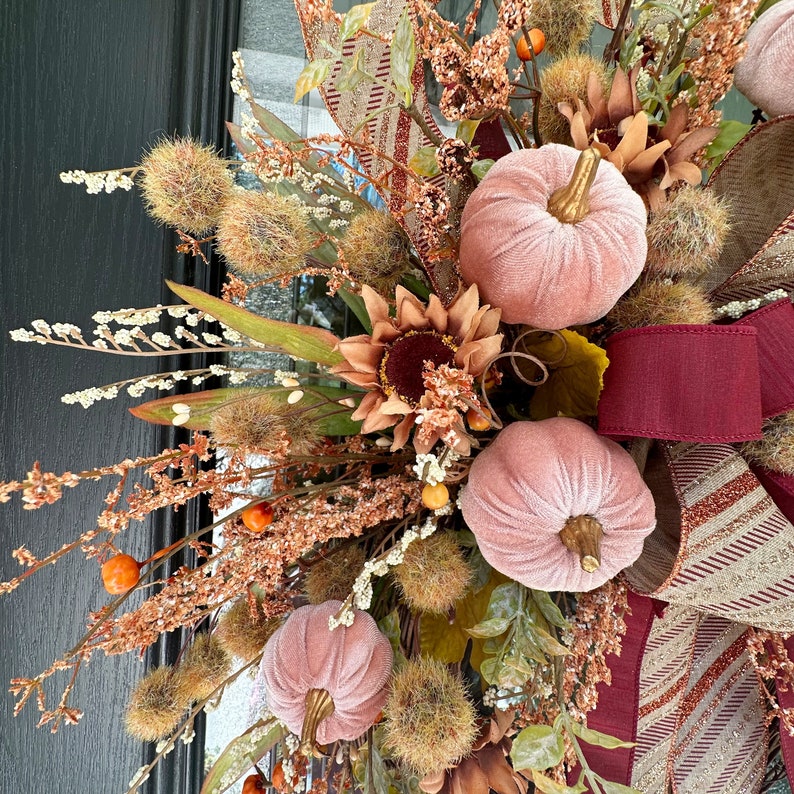 Pink Fall Wreath for Front Door, Pink Velvet Pumpkin Wreath, Neutral ...