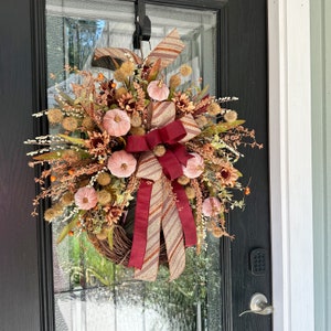 Pink Fall Wreath for Front Door, Pink Velvet Pumpkin Wreath, Neutral ...