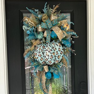 Large Blue Leopard Print Fall Swag, Blue Pumpkin Fall Wreath for Front ...