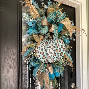 Large Blue Leopard Print Fall Swag, Blue Pumpkin Fall Wreath for Front ...