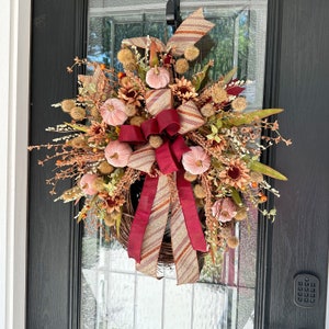 Pink Fall Wreath for Front Door, Pink Velvet Pumpkin Wreath, Neutral ...
