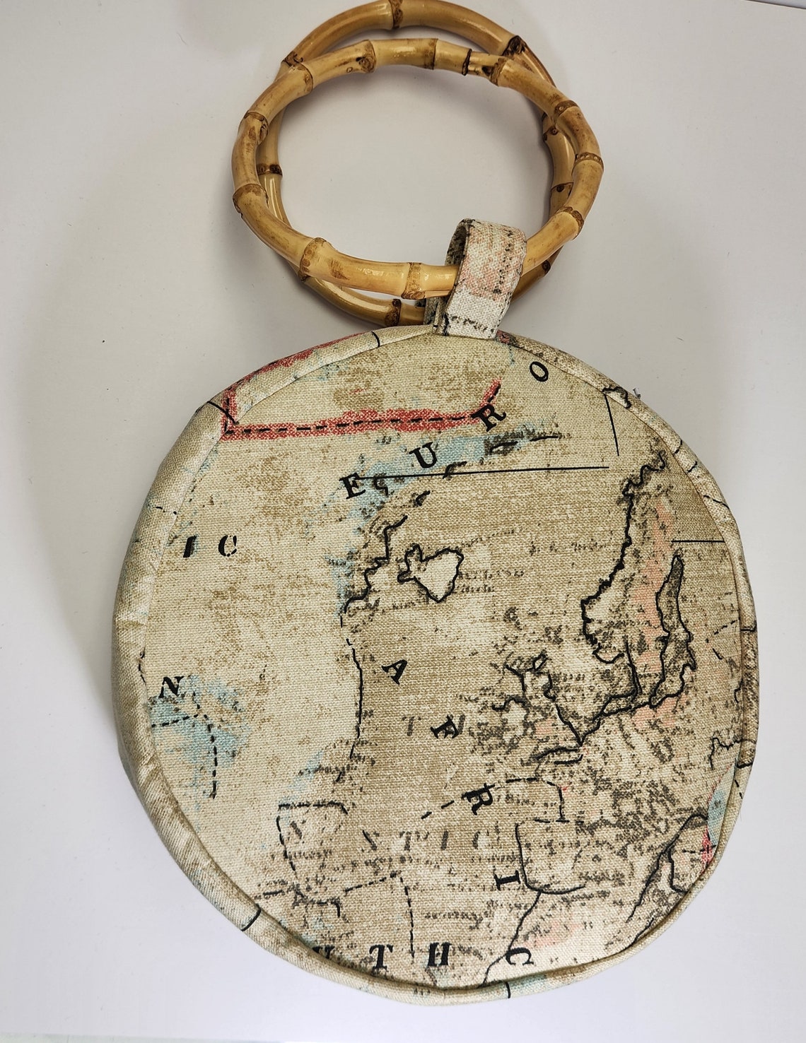 Bamboo Handle Circular Purse, Map Print Round Handbag - Etsy