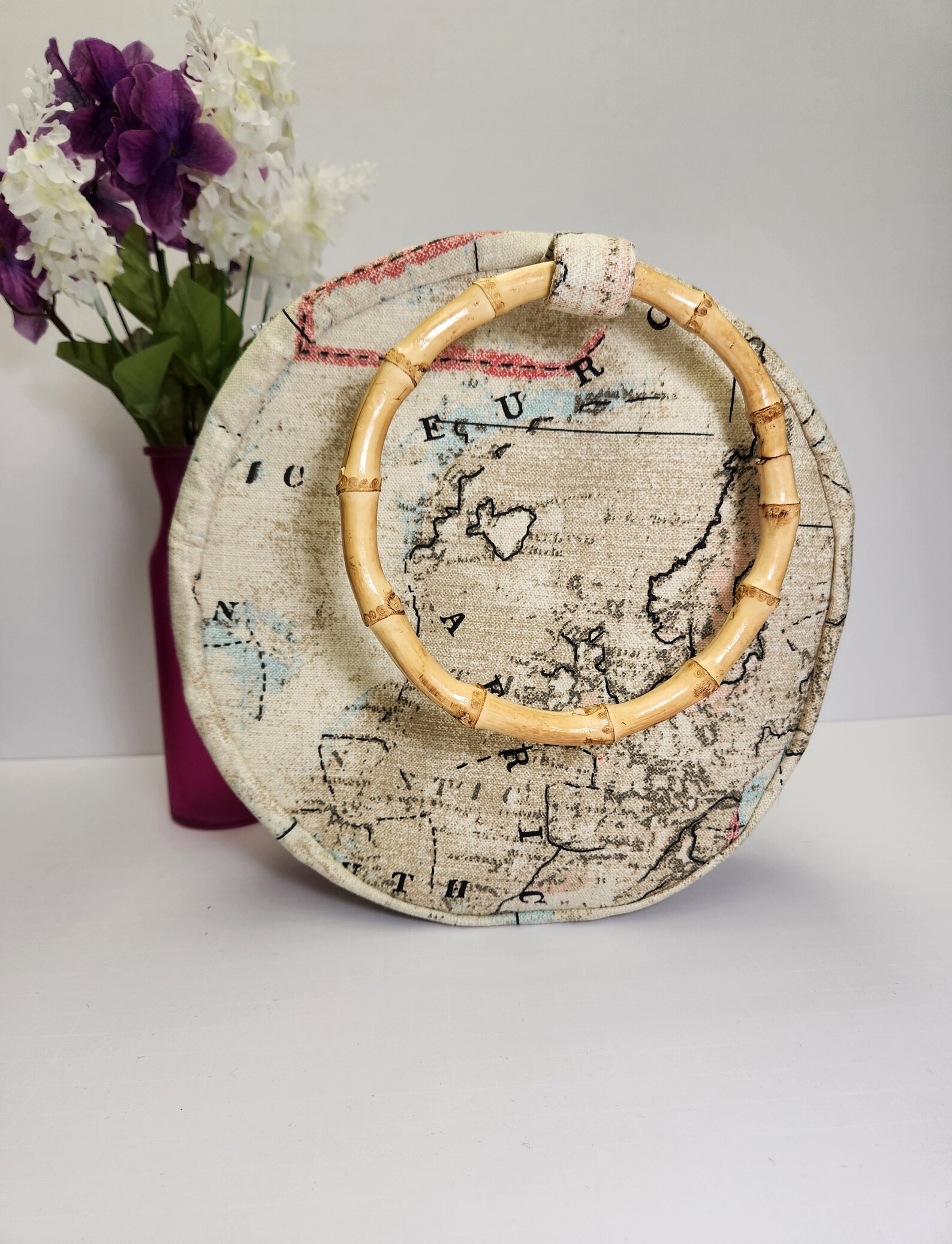 Bamboo Handle Circular Purse, Map Print Round Handbag - Etsy