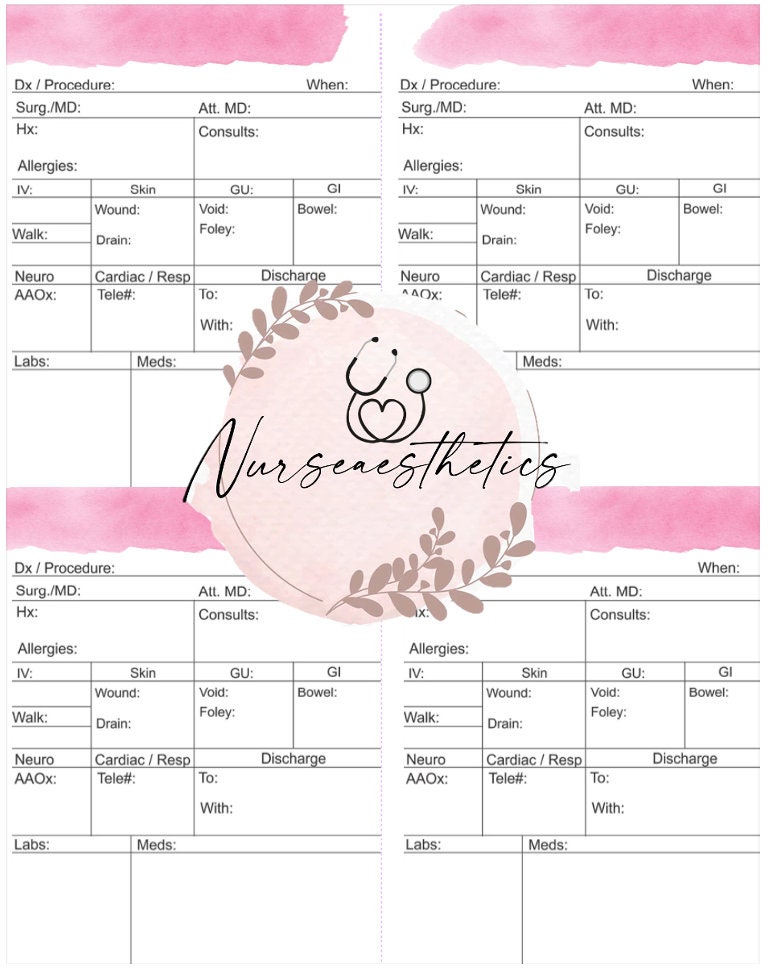 4 Square Nurse Charting Sheet|(nurse Charting Template) Nurse Pocket ...