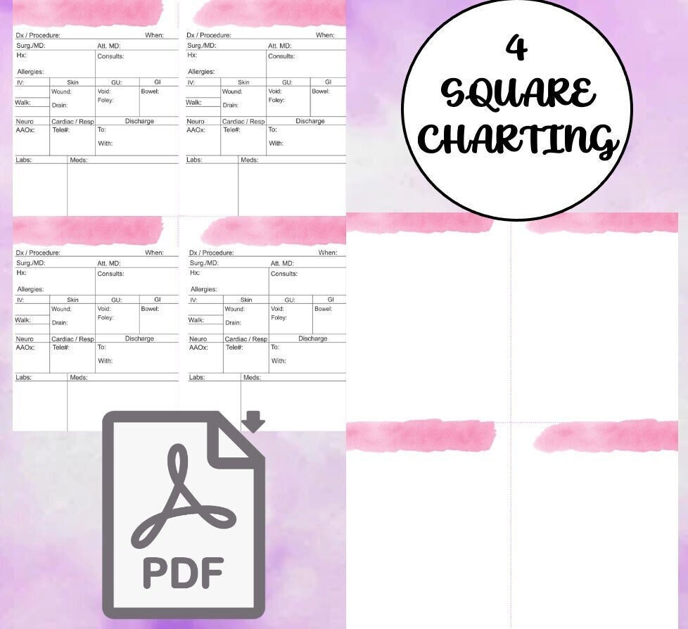 4 Square Nurse Charting Sheet|(nurse Charting Template) Nurse Pocket ...