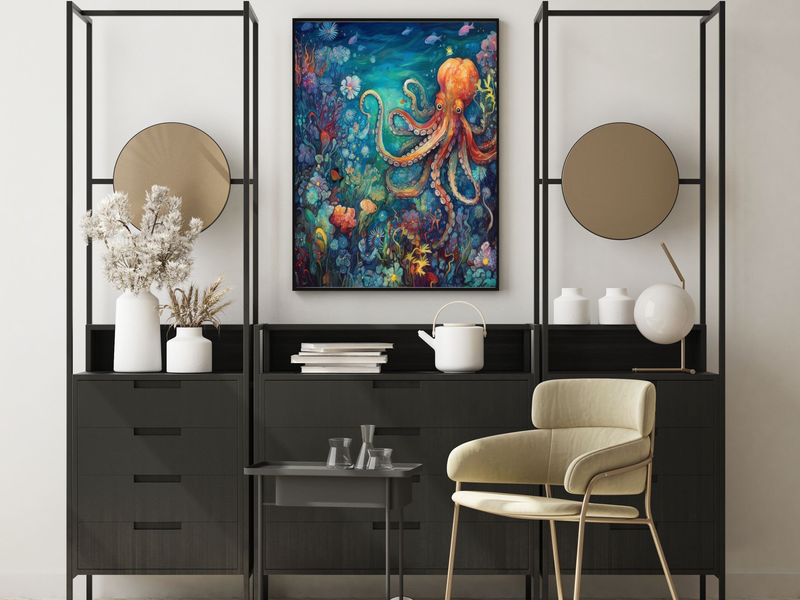 Octopus PRINTABLE Wall Art, Watercolor Style Octopus Wall Decor ...