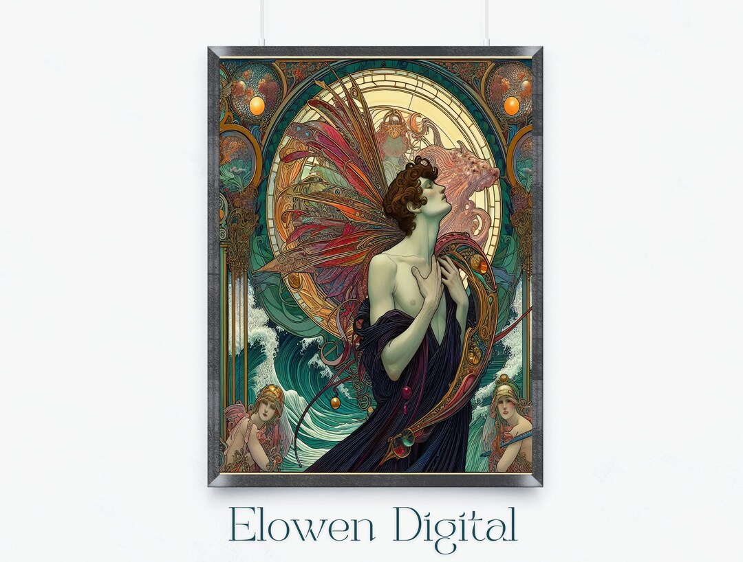 Art Nouveau Design Male Water Nymph in the Alphonse Mucha Style ...